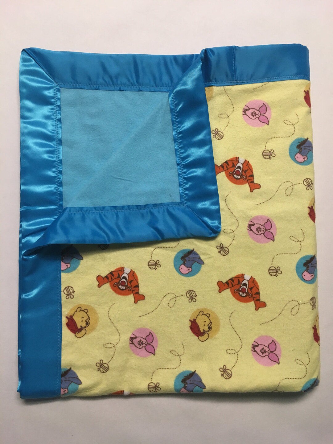 Winnie the Pooh Flannel Baby Blanket: Yellow & Blue Satin Trim - Etsy