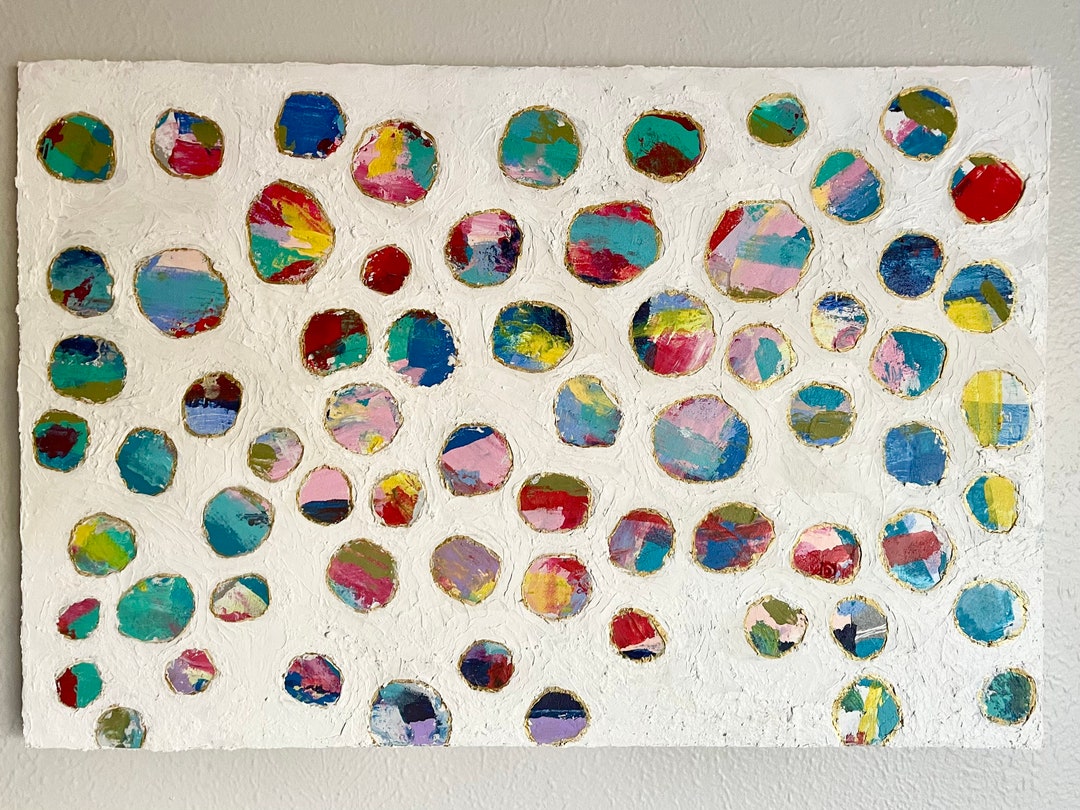 Joyful Original Abstract Painting, Colorful Circles Lined in Gold White ...