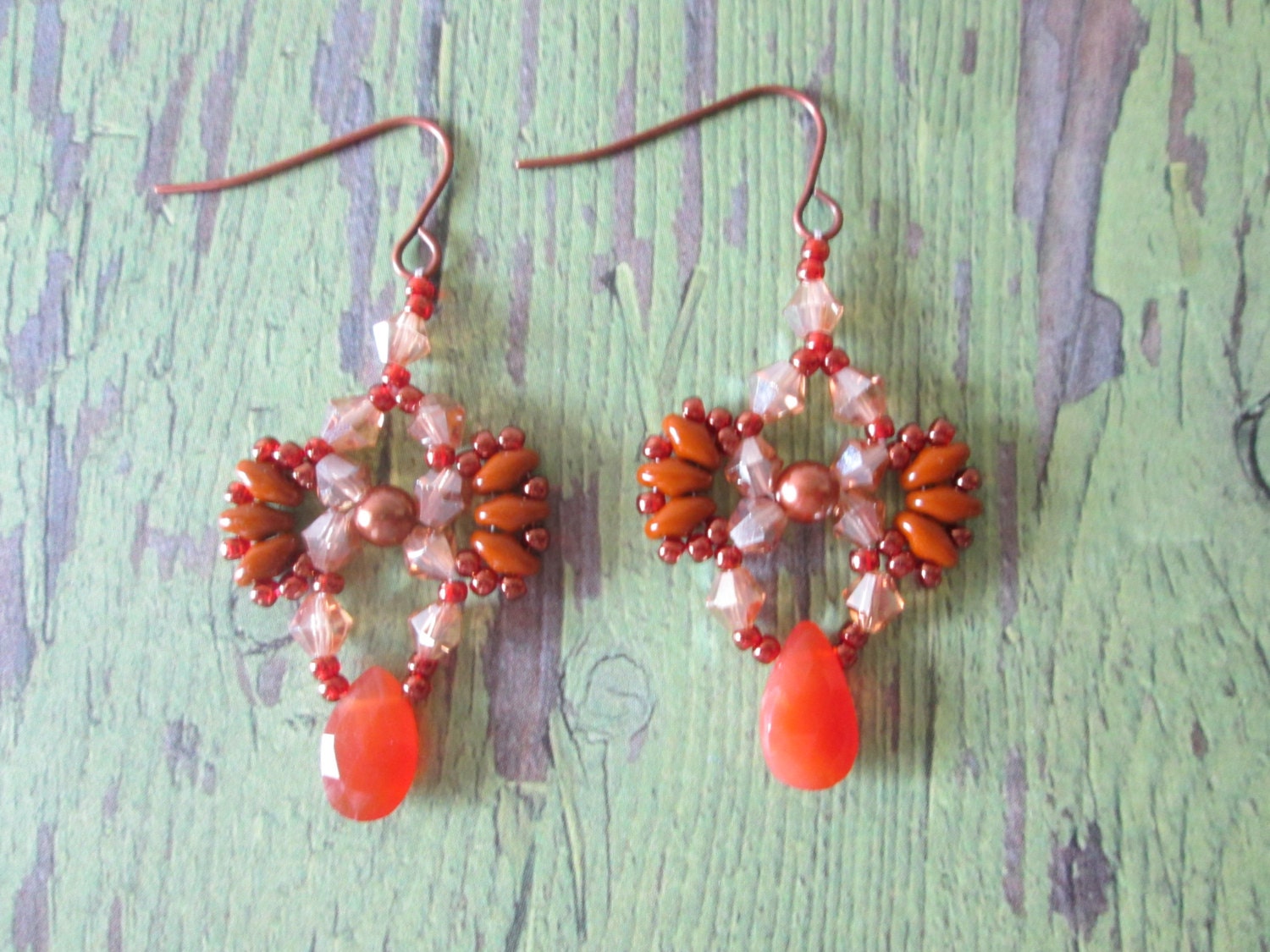 Handmade Gold Pearl Rust Copper Crystal Sparkling Bead Woven Dangle ...