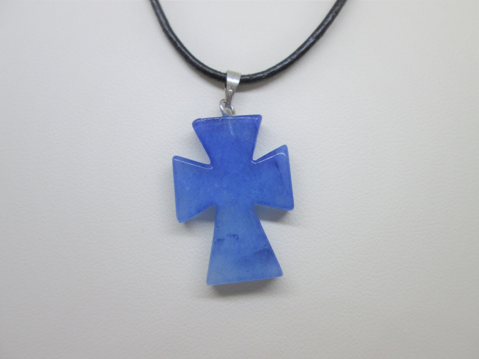 Handmade Black Leather Blue Glass Cross Necklace, Stocking Stuffer ...
