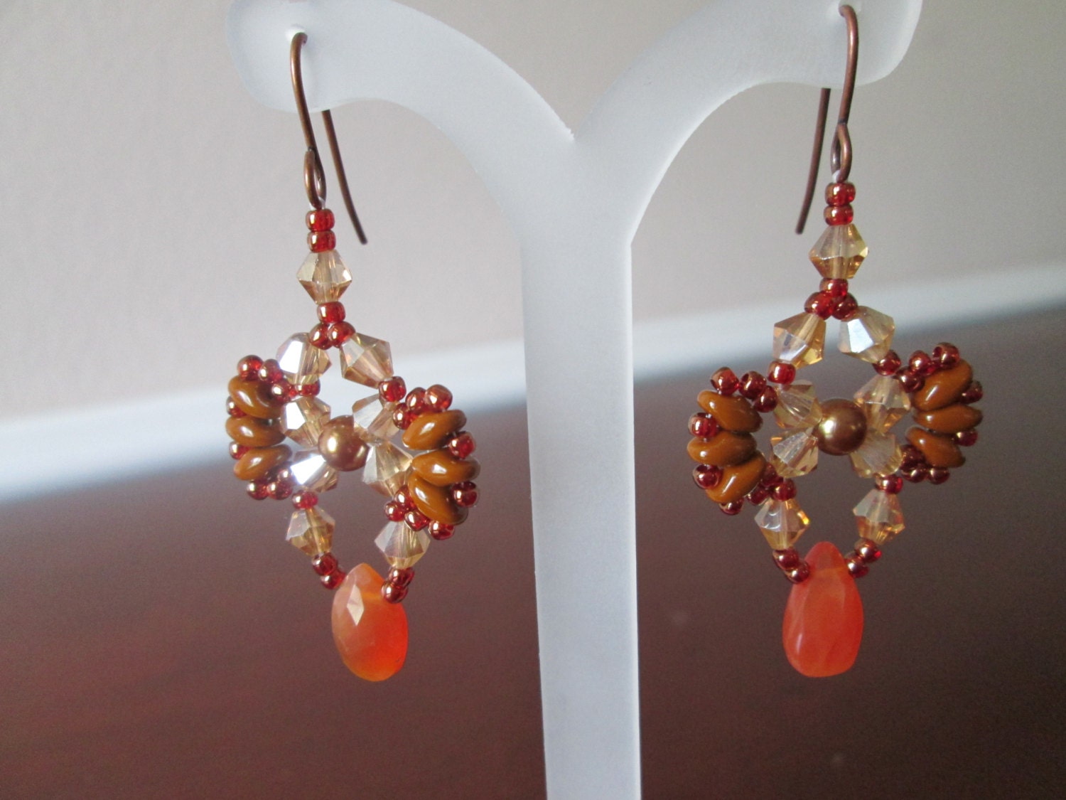 Handmade Gold Pearl Rust Copper Crystal Sparkling Bead Woven Dangle ...