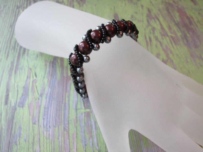 Handmade Maroon and Gray Pearl Beaded Bracelet, Stackable Bracelet ...