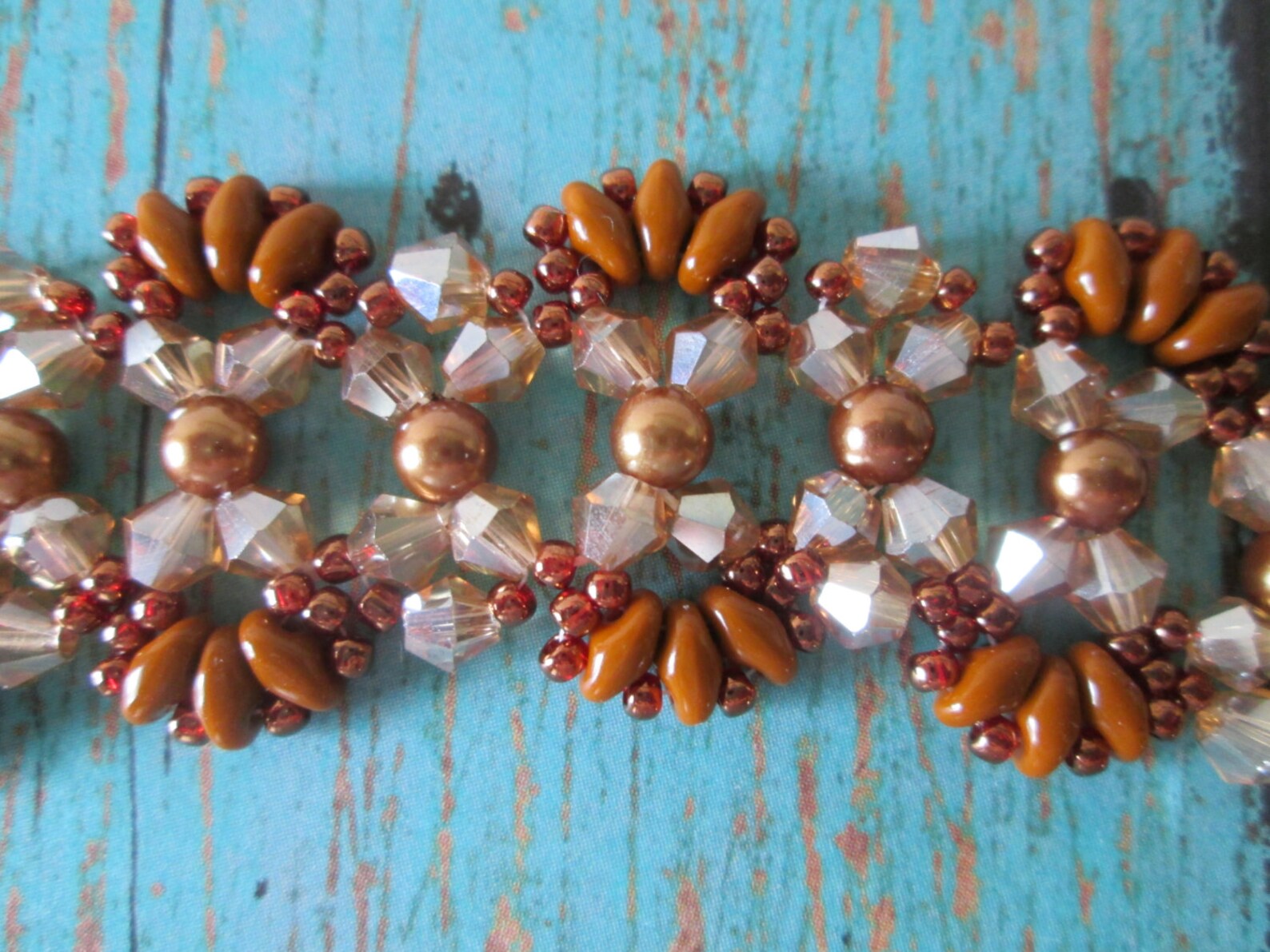 Handmade Gold Pearl Rust Copper Crystal Sparkling Bead Woven Bracelet ...