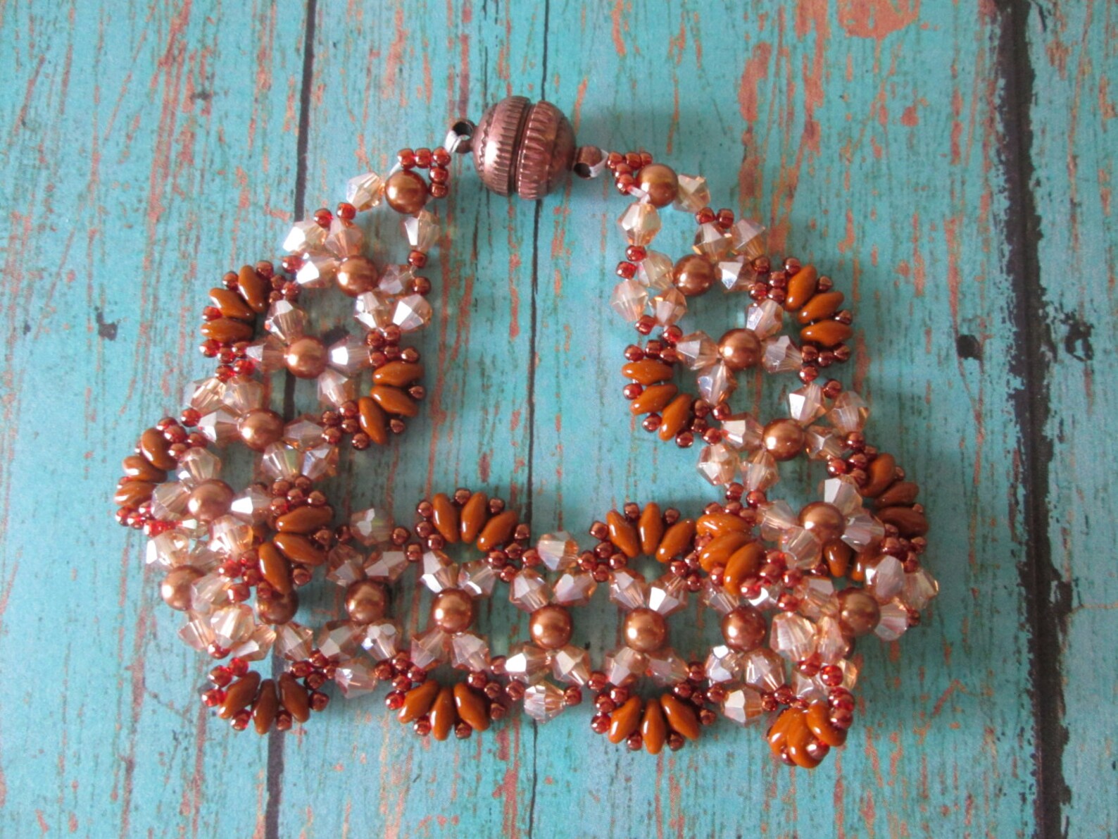 Handmade Gold Pearl Rust Copper Crystal Sparkling Bead Woven Bracelet ...