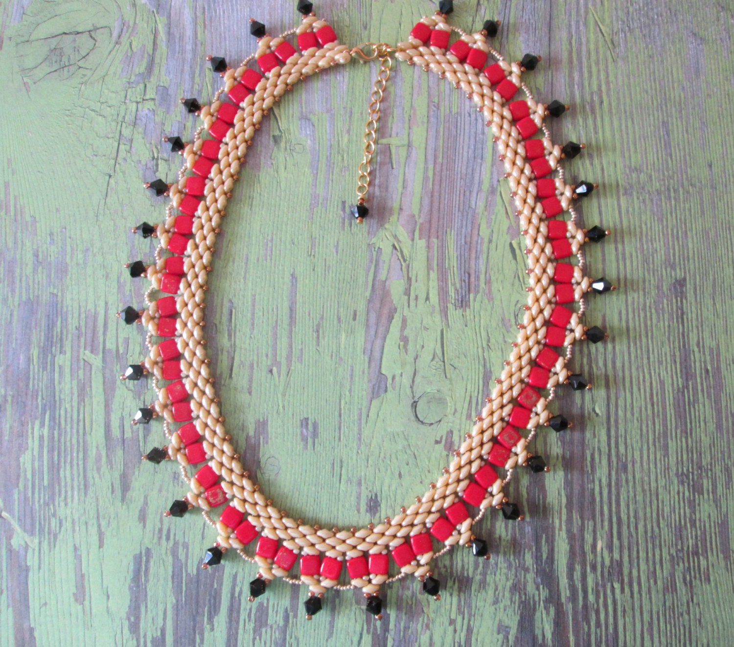 Handmade Bead Woven Red Black Cream Gold Necklace, Gift Idea, Multi ...