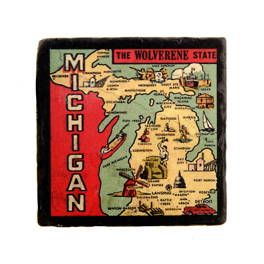 Michigan Mitt Map Tile Coaster Tumbled Marble Drinking - Etsy