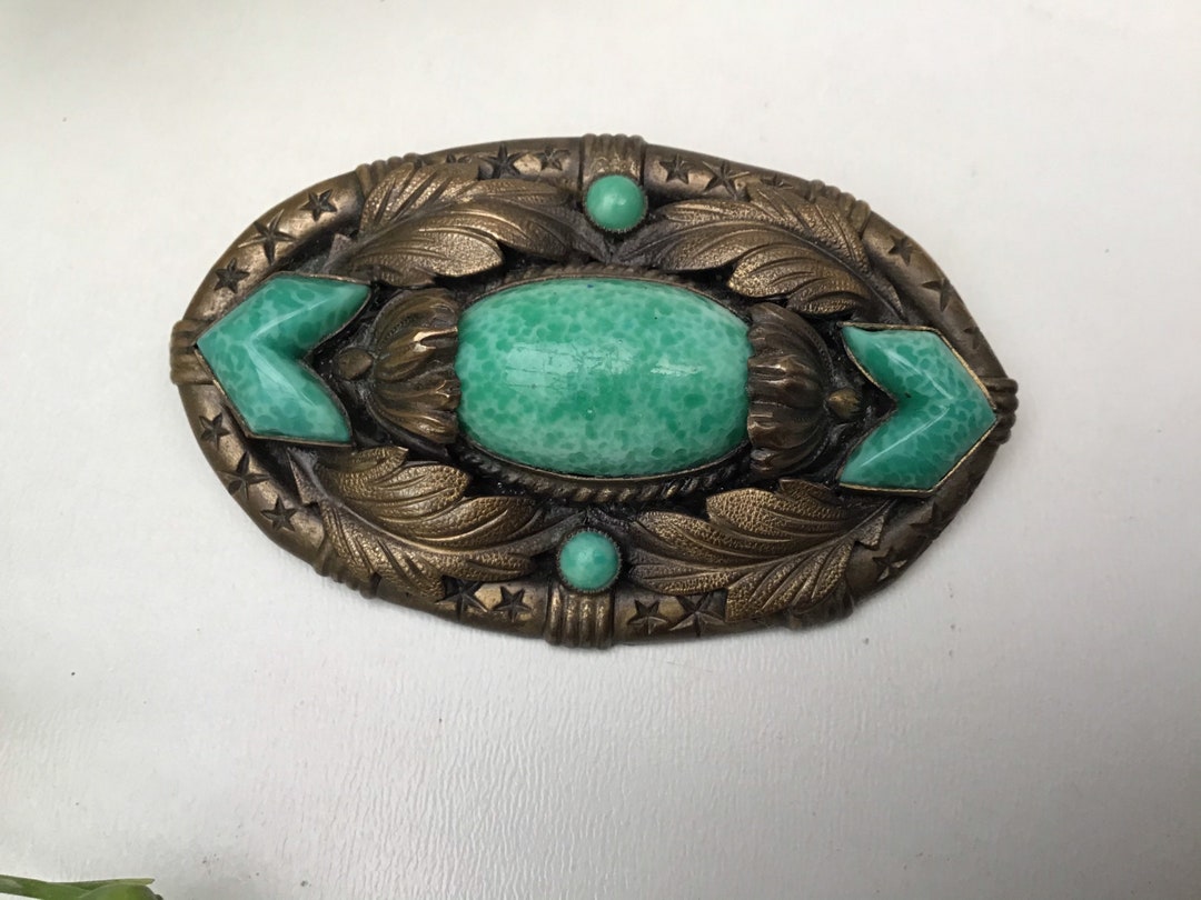 Max Neiger Brooch Art Deco 1920s Czech Brass Filigree & Peking Cabochon ...