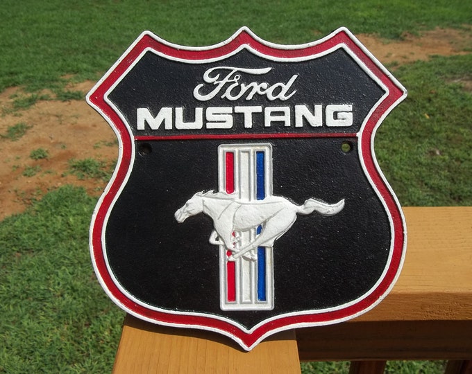 Large Heavy Cast Iron Ford Mustang Wall Garage Sign Plaque Man Cave ...
