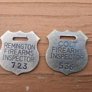 Set of 4 BRASS FIREARMS Tags or Fobs Colt Firearms, Remington Inspector ...