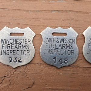 Set of 4 BRASS FIREARMS Tags or Fobs Colt Firearms, Remington Inspector ...