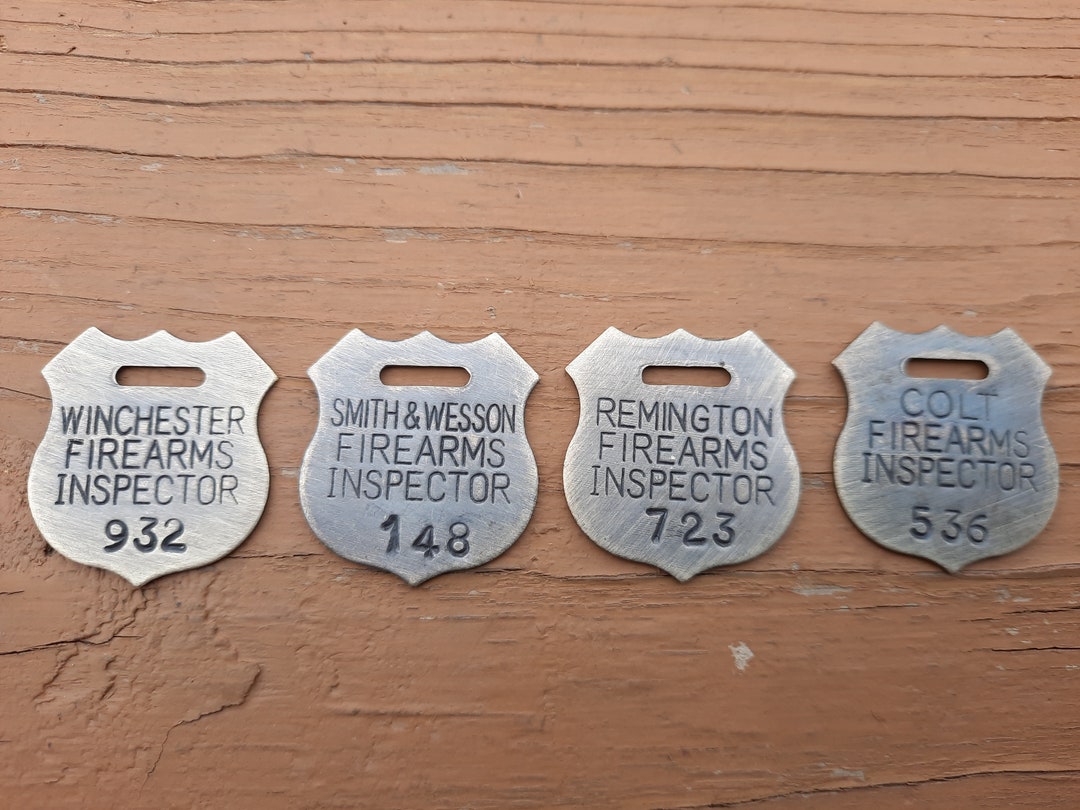 Set of 4 BRASS FIREARMS Tags or Fobs Colt Firearms, Remington Inspector ...