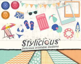 Summer Clipart and Background Digital Scrapbook Kit | Etsy