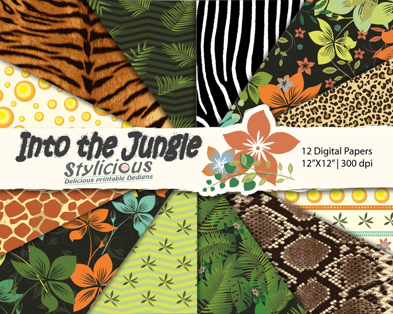 Wild Life Jungle Pattern Digital Paper Pack Printable Paper Digital ...