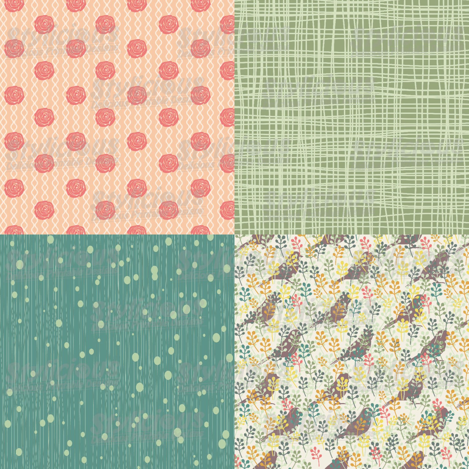 Floral Pattern Digital Paper Pack - Birds Printable Paper - Flowers and ...