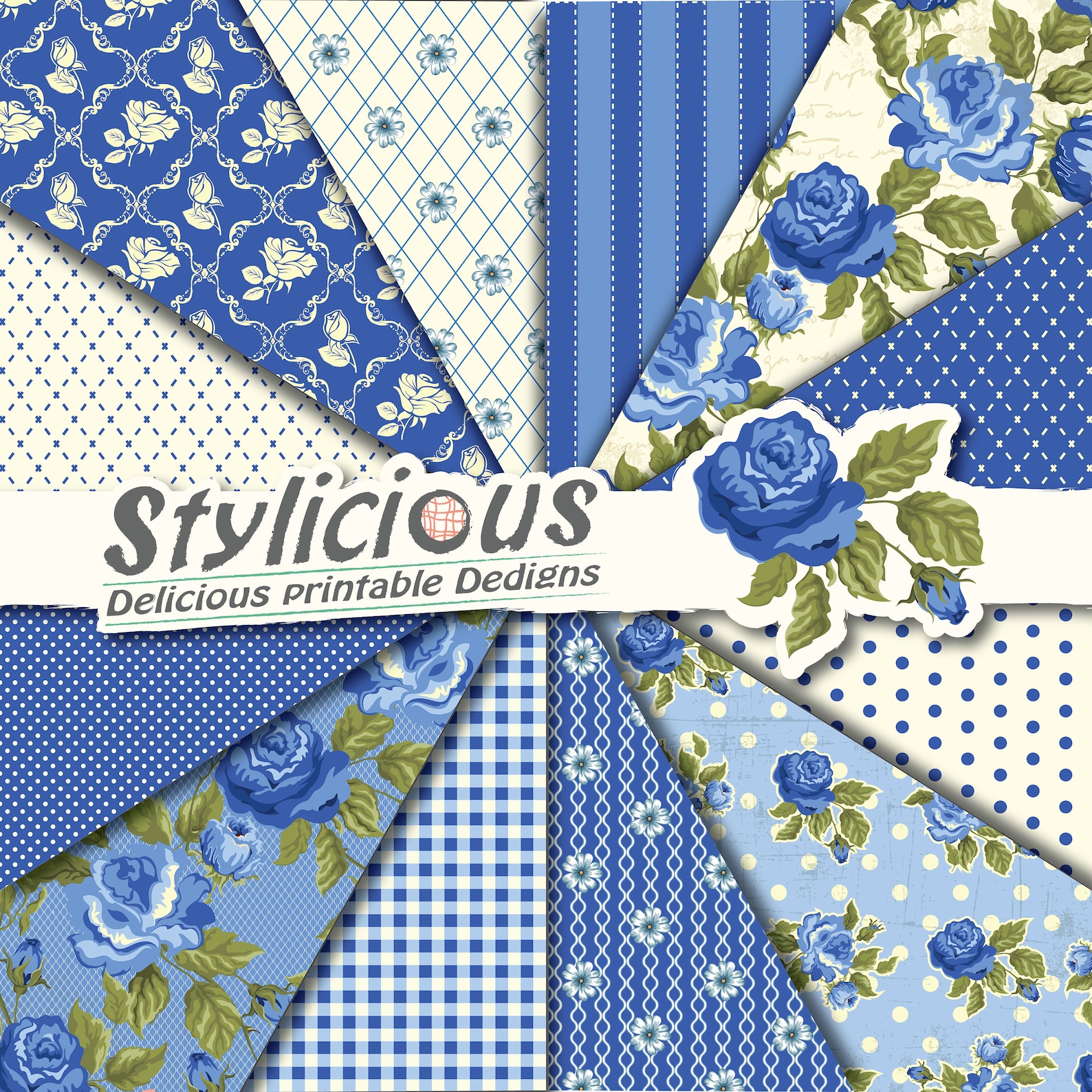 Blue & White Flowers Pattern Digital Paper Pack - Florals Printable ...