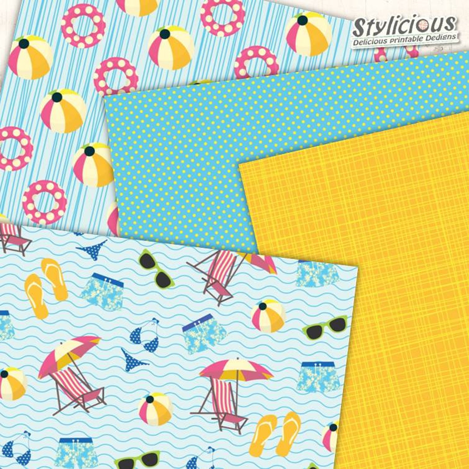 Pool Party Scrapbook Paper Pack - Pool / Beach Digital Scrapbook Paper ...
