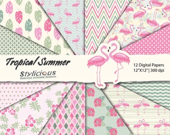 Instant Download Digital Papers Flamingo Tropical Vacation Summer Paper ...