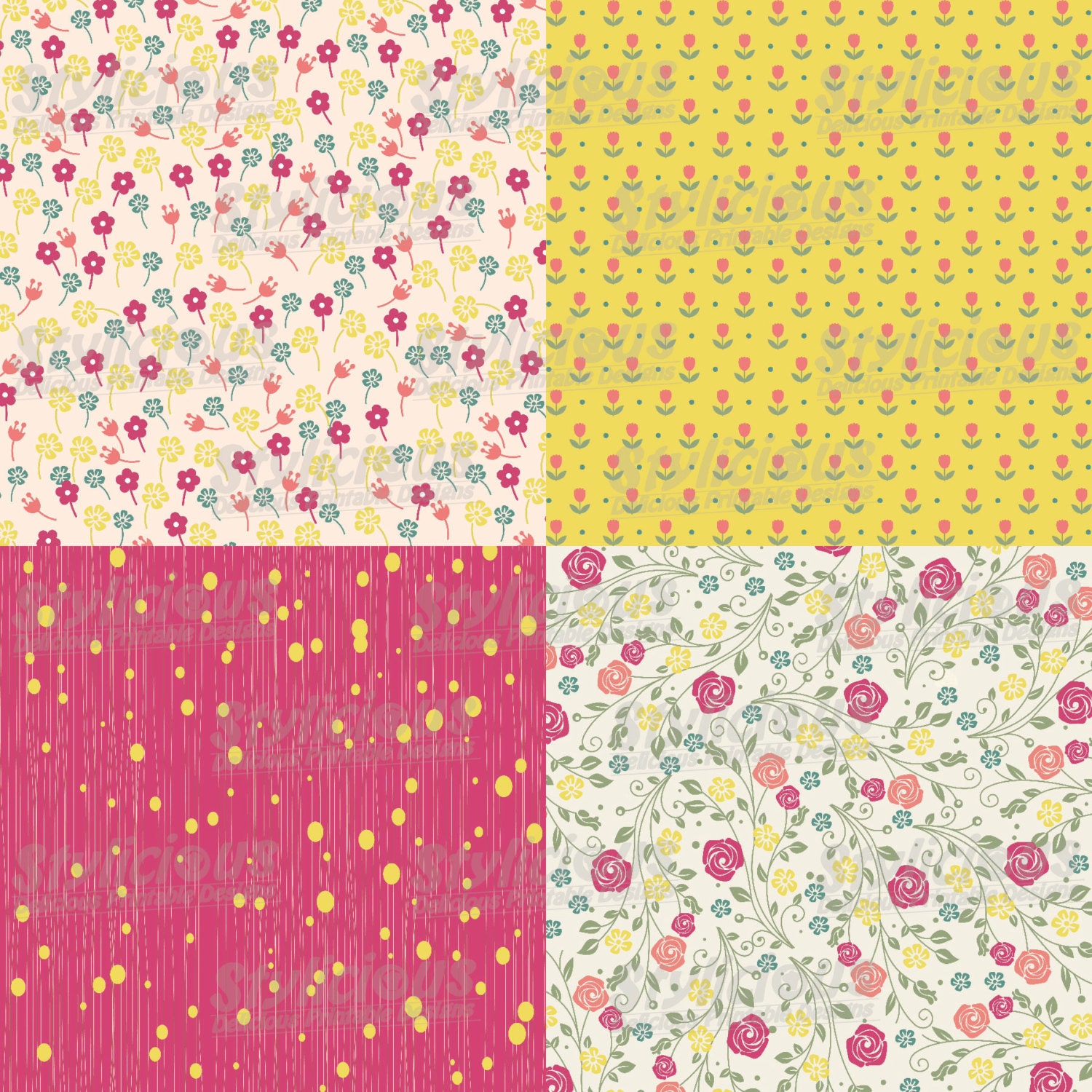 Floral Pattern Digital Paper Pack - Birds Printable Paper - Flowers and ...