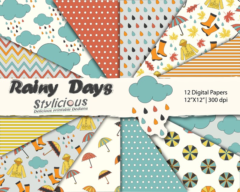 Rainy Days Scrapbook Patterns Pack - Thunder Storm Digital Paper Pack ...