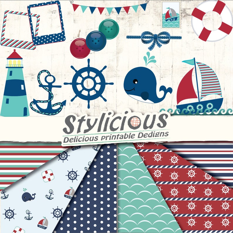Nautical Clipart and Background - Digital Scrapbook Kit - Scrapbooking ...