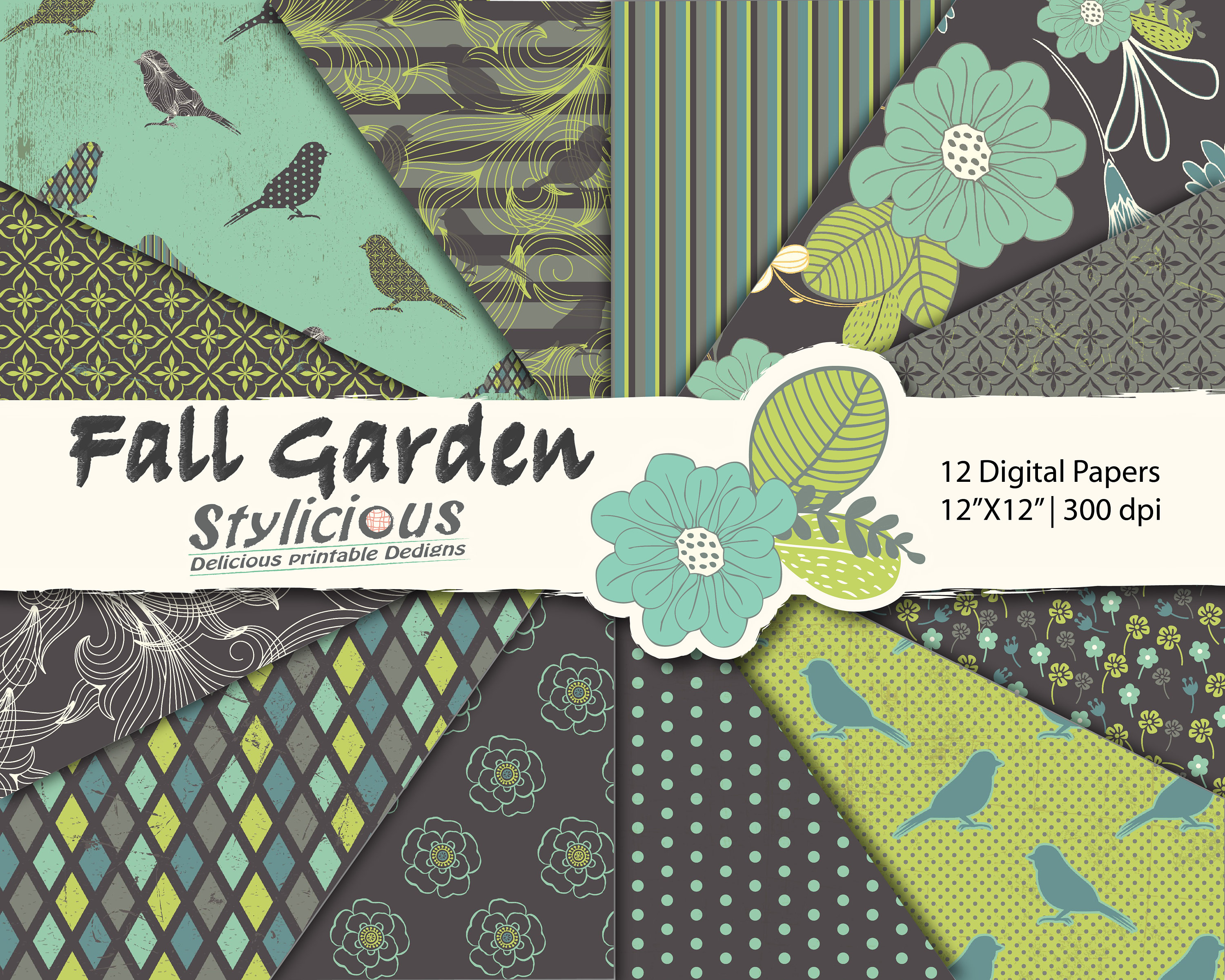 Birds and Flowers Pattern Digital Paper Pack - Floral Printable Paper ...