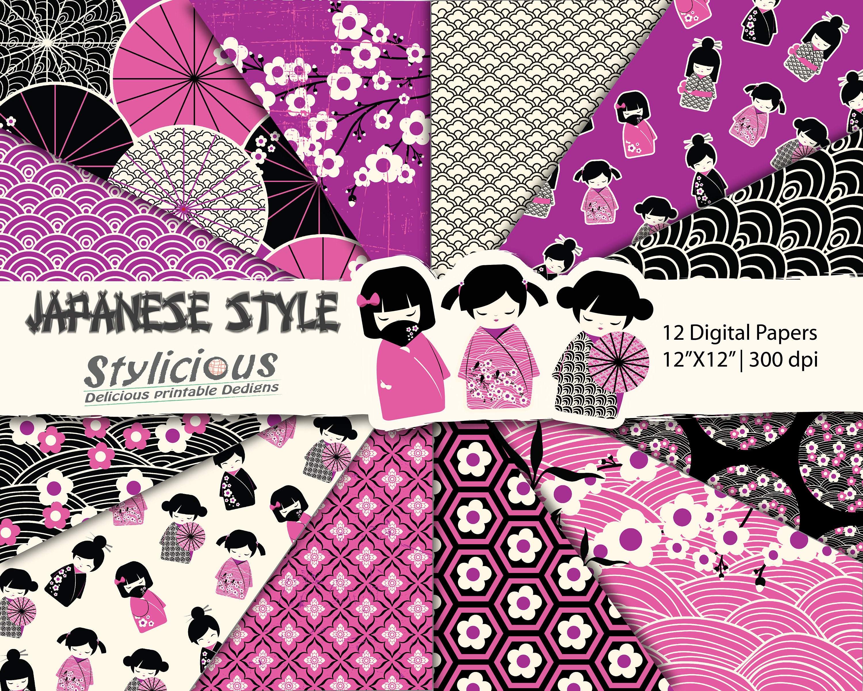 Japanese Inspired Patterns Printable Digital Paper Pack 12pcs 300dpi ...