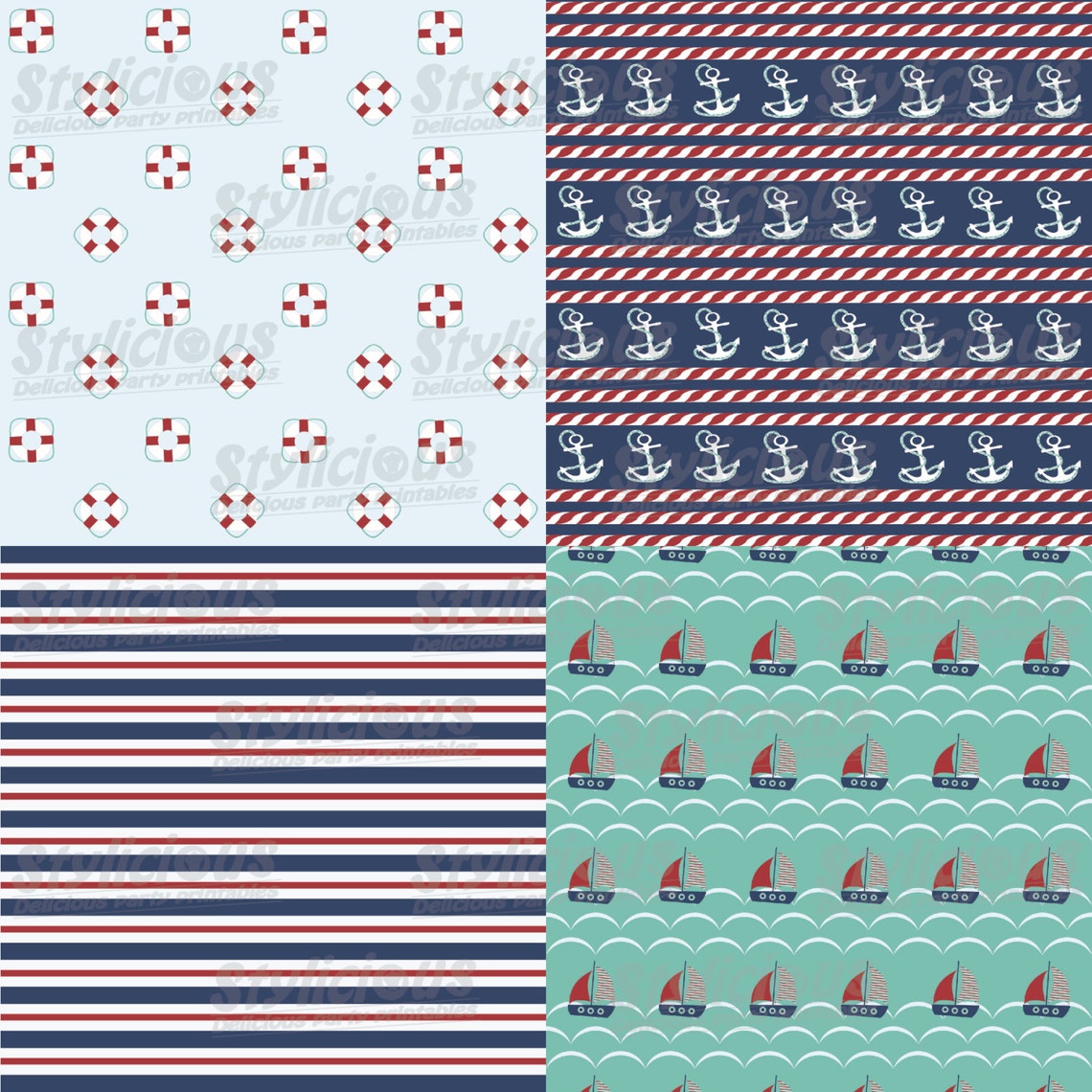 Nautical Pattern Digital Paper Pack - Printable Paper - Digital Collage ...