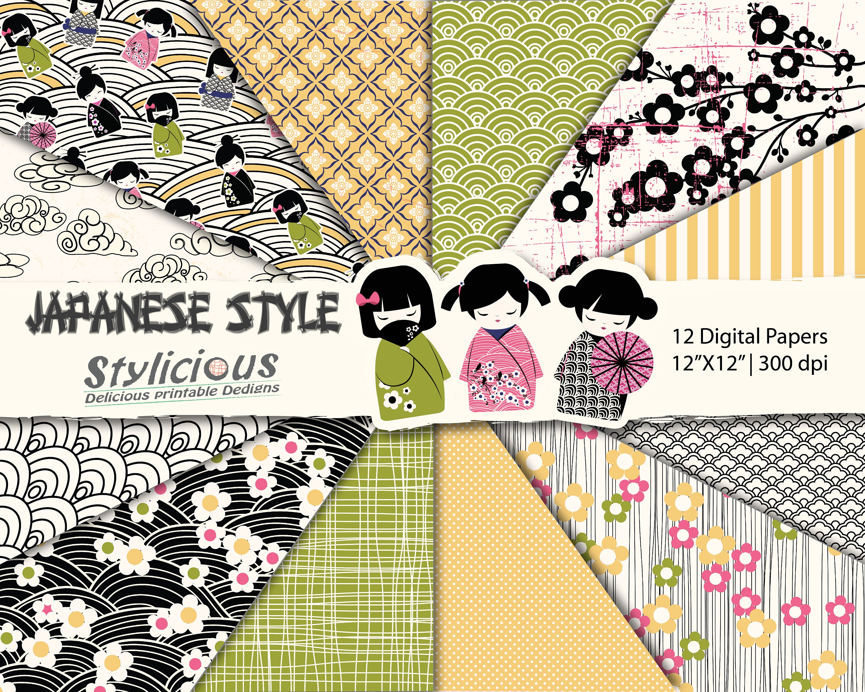 Japanese Inspired Patterns Printable Digital Paper Pack 12pcs 300dpi ...