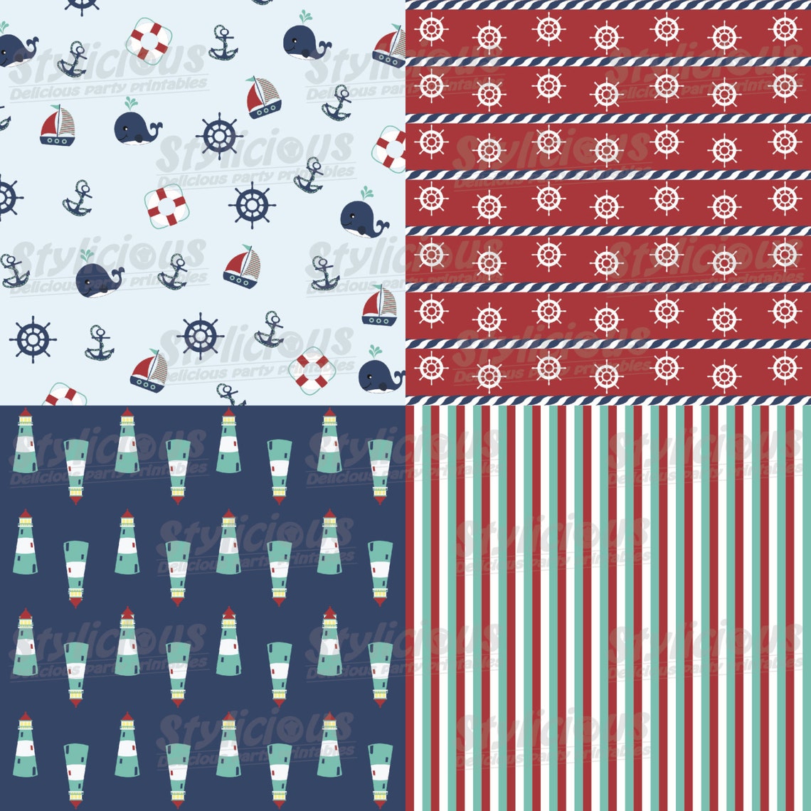 Nautical Pattern Digital Paper Pack - Printable Paper - Digital Collage ...
