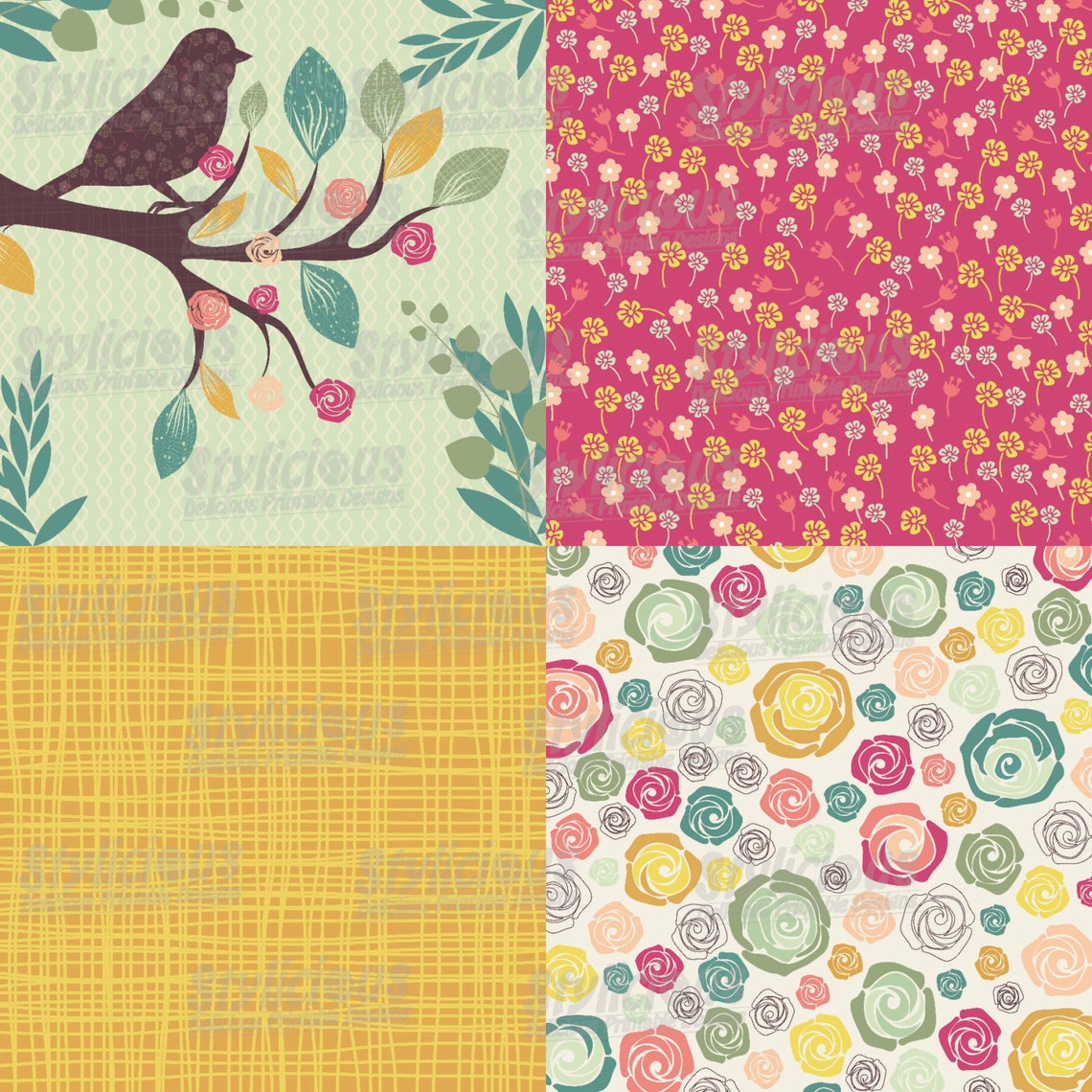 Floral Pattern Digital Paper Pack - Birds Printable Paper - Flowers and ...