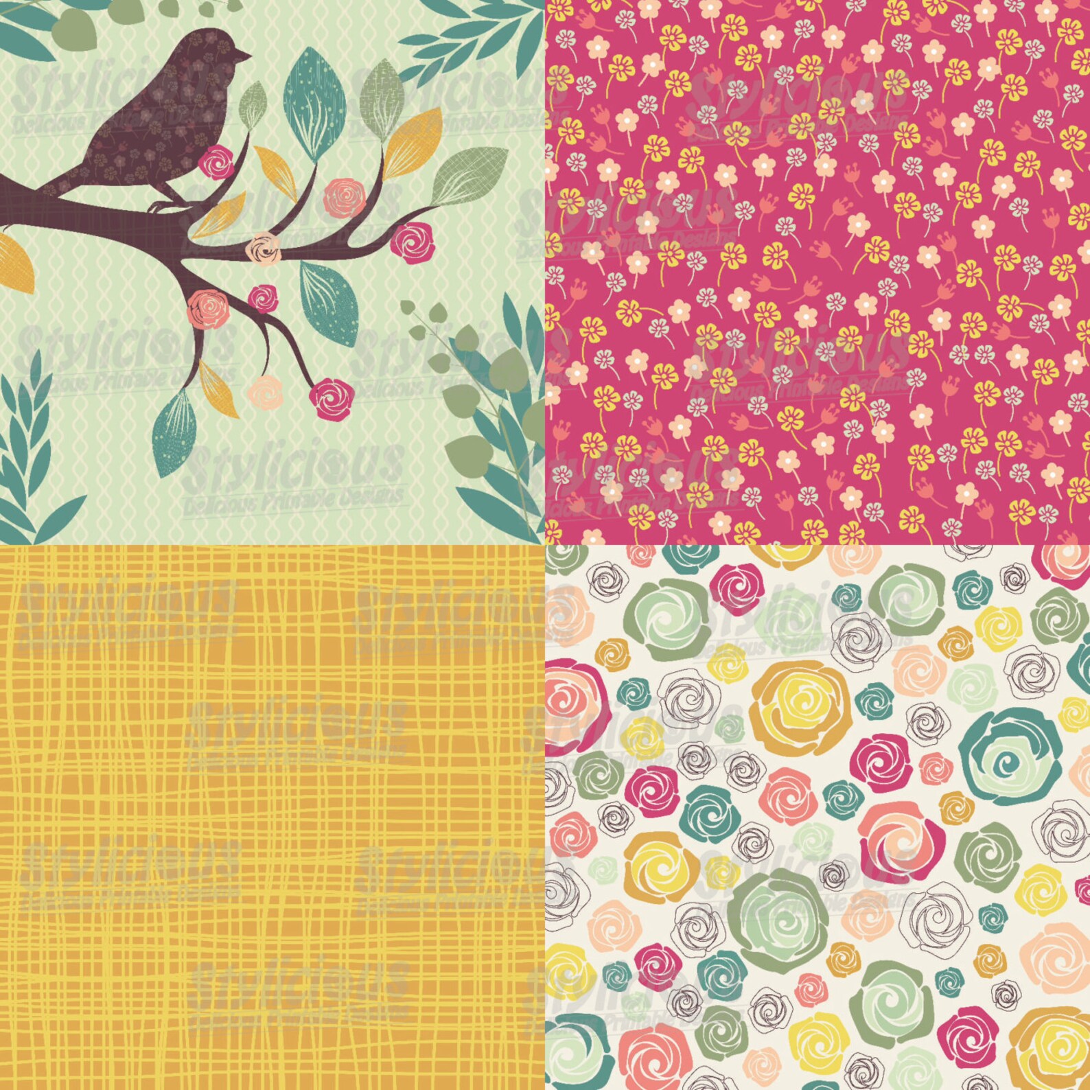 Floral Pattern Digital Paper Pack - Birds Printable Paper - Flowers and ...