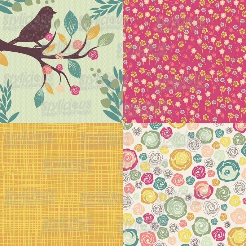 Floral Pattern Digital Paper Pack - Birds Printable Paper - Flowers and ...