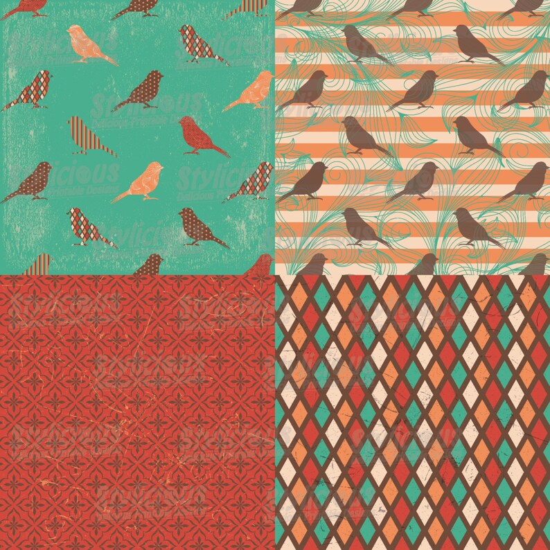 Birds and Flowers Pattern Digital Paper Pack - Floral Printable Paper ...