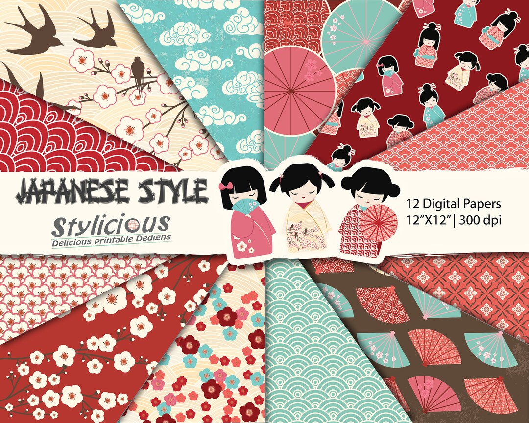 Japanese Inspired Patterns Printable Digital Paper Pack - 12pcs 300dpi ...