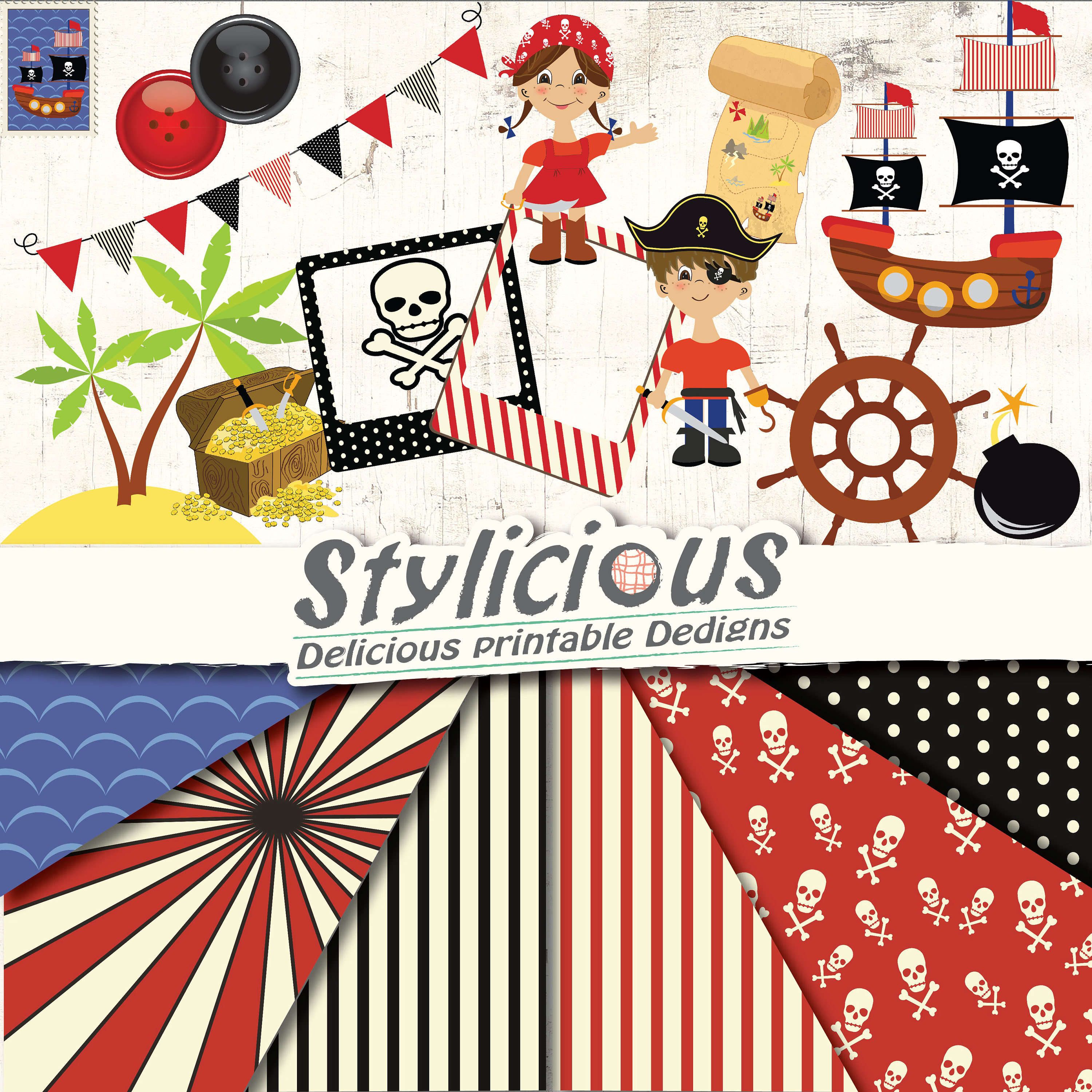 Pirates Clipart and Background - Digital Scrapbook Kit - Scrapbooking ...