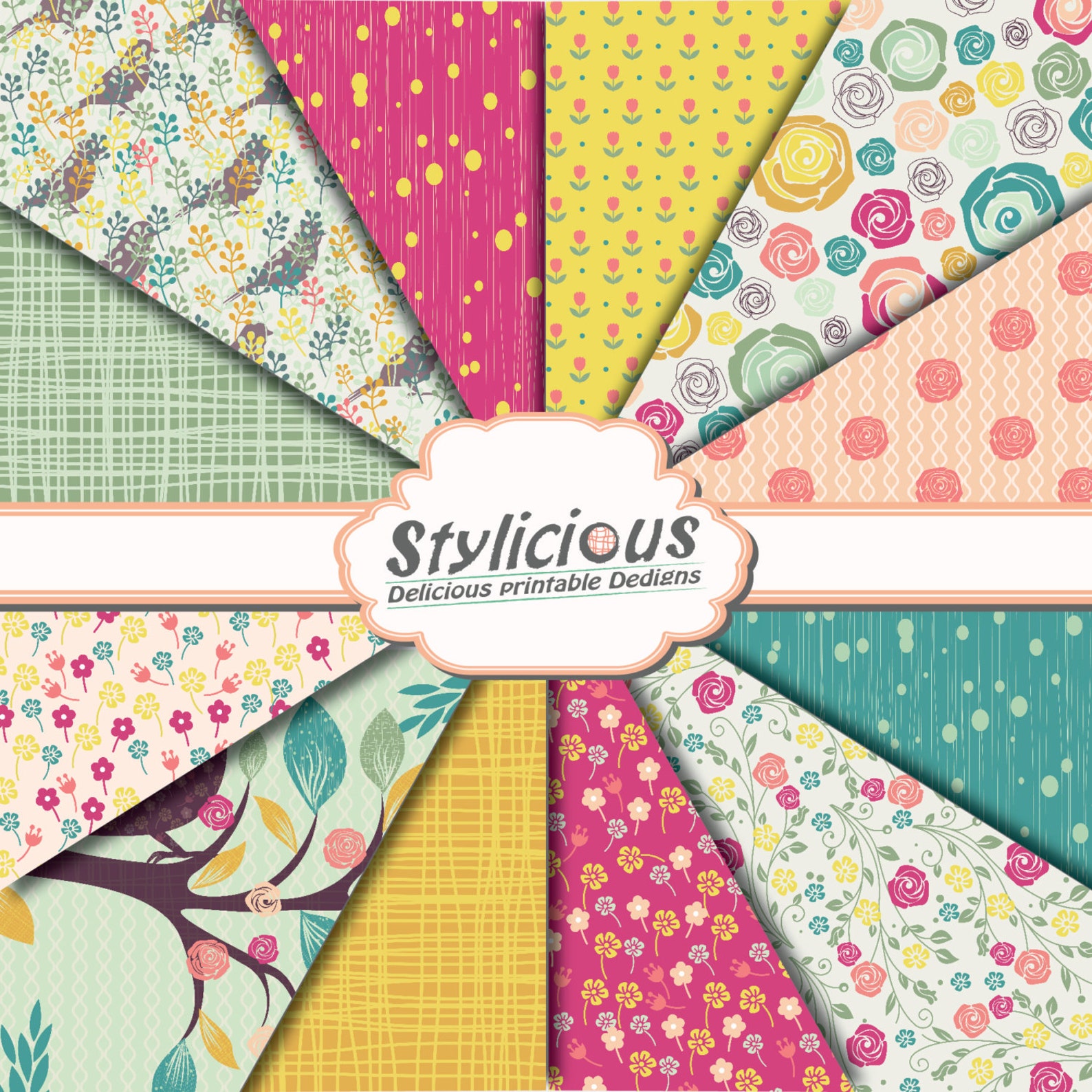 Floral Pattern Digital Paper Pack - Birds Printable Paper - Flowers and ...