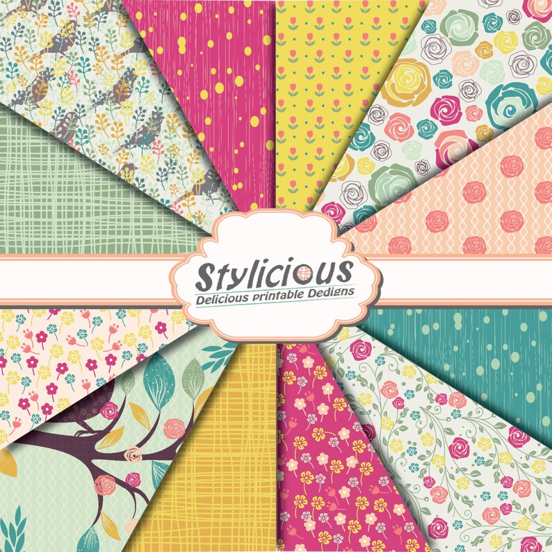 Floral Pattern Digital Paper Pack - Birds Printable Paper - Flowers and ...