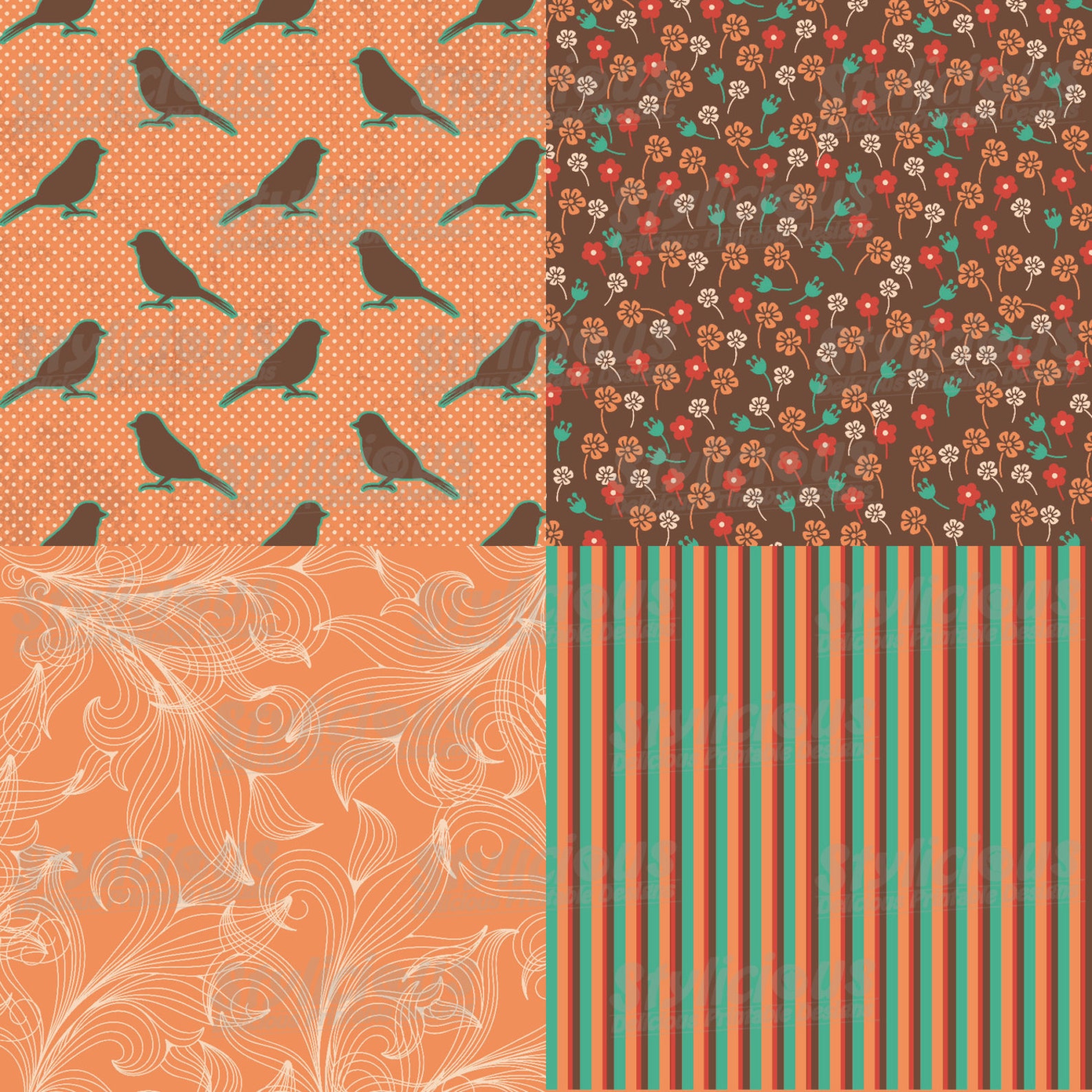 Birds and Flowers Pattern Digital Paper Pack - Floral Printable Paper ...