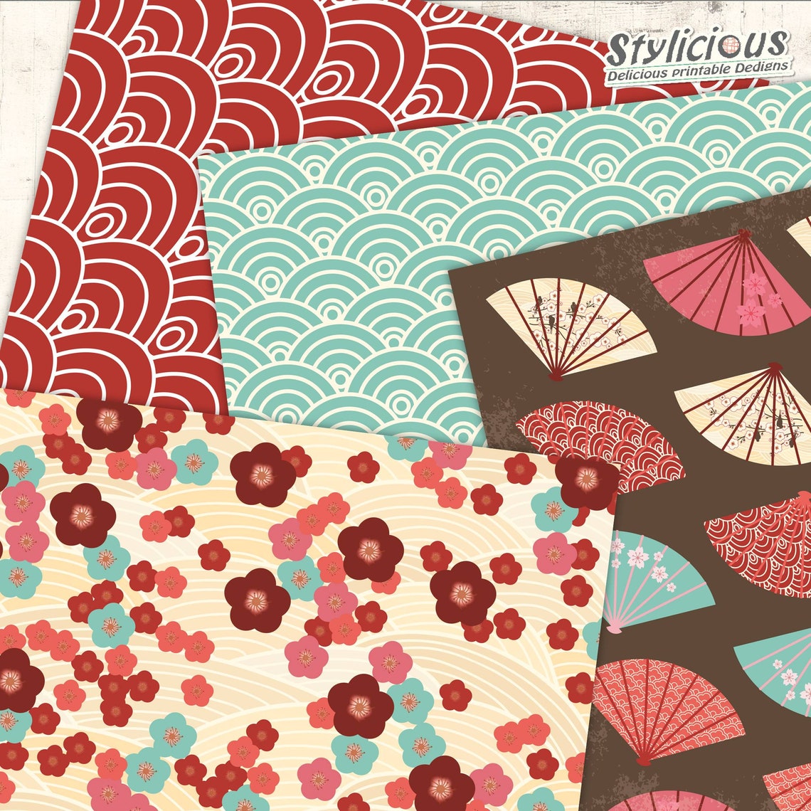Japanese Inspired Patterns Printable Digital Paper Pack - 12pcs 300dpi ...
