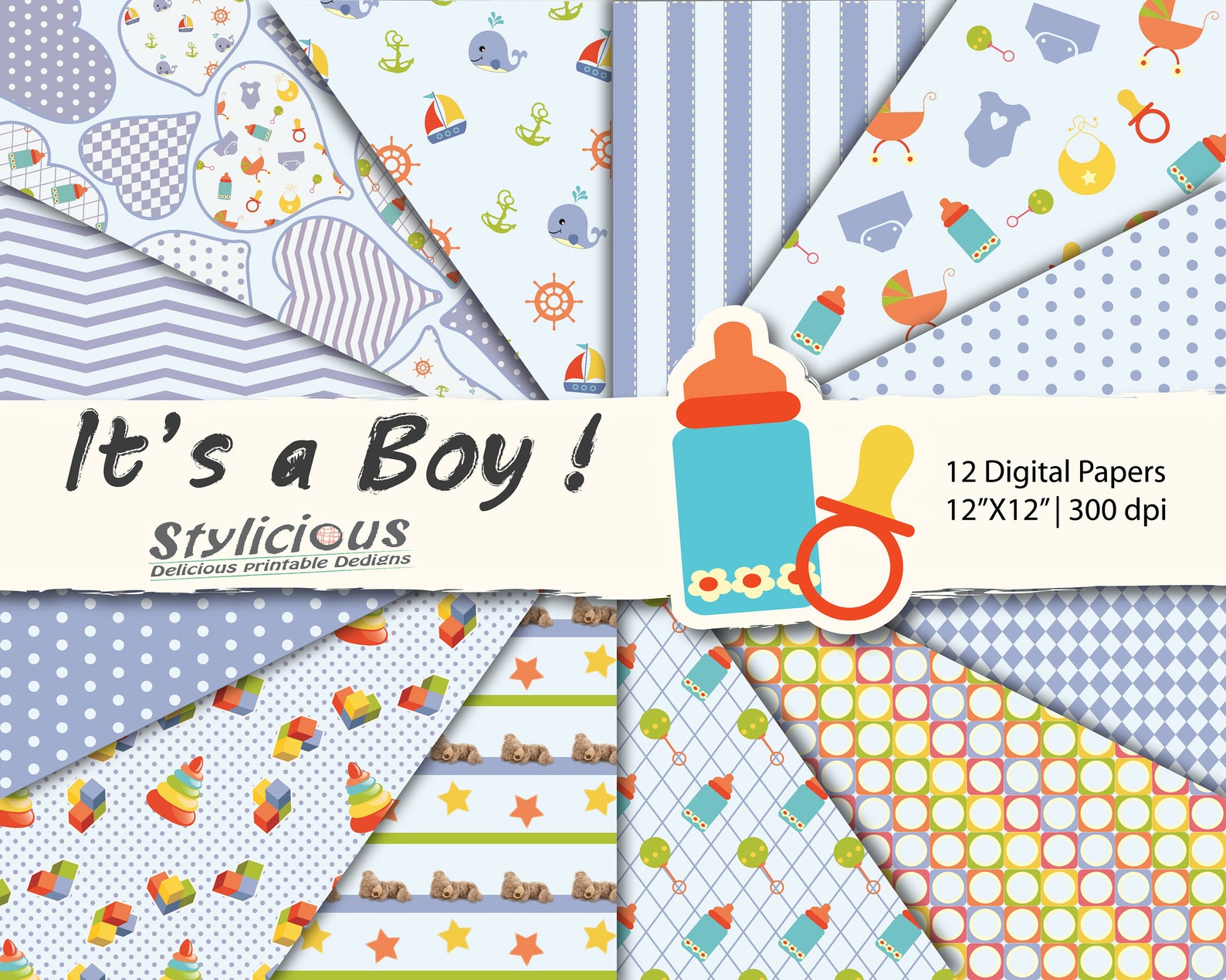 Baby Boy - Baby Shower- Digital Paper Pack - Printable Paper ...