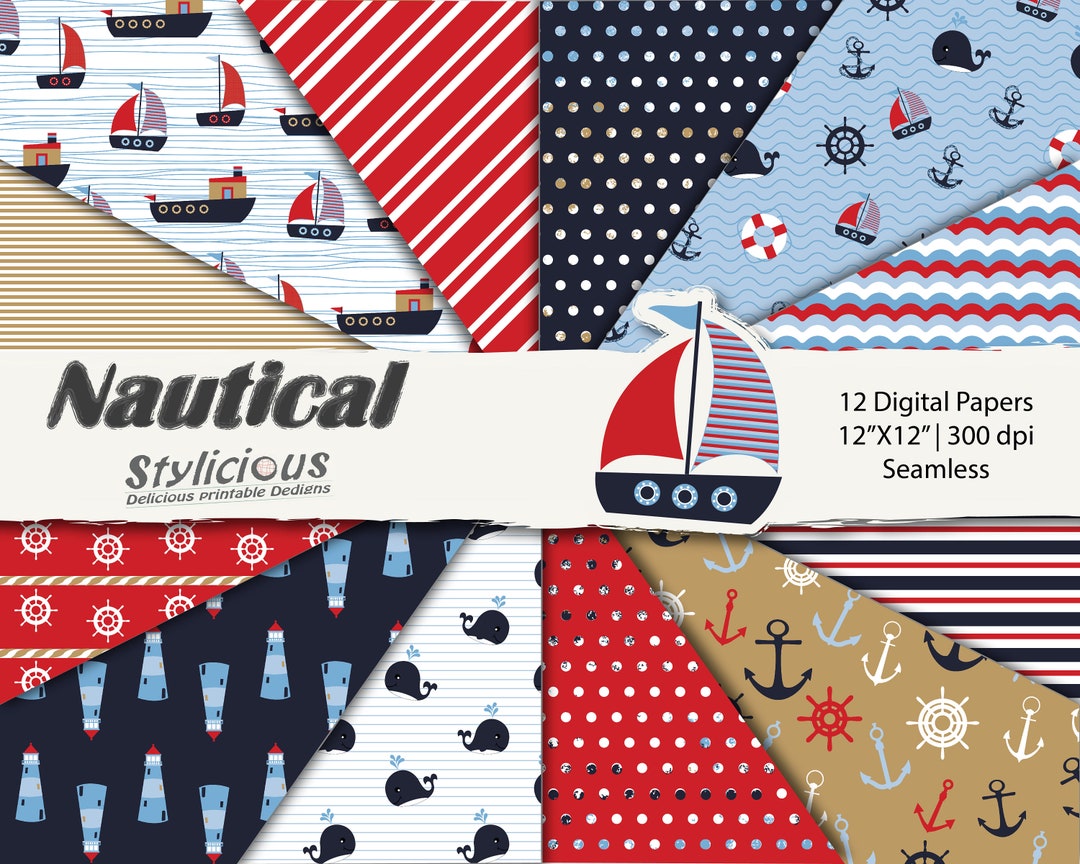 Nautical / Marine / Sea Scrapbook Paper Pack - Summer Printable Digital ...