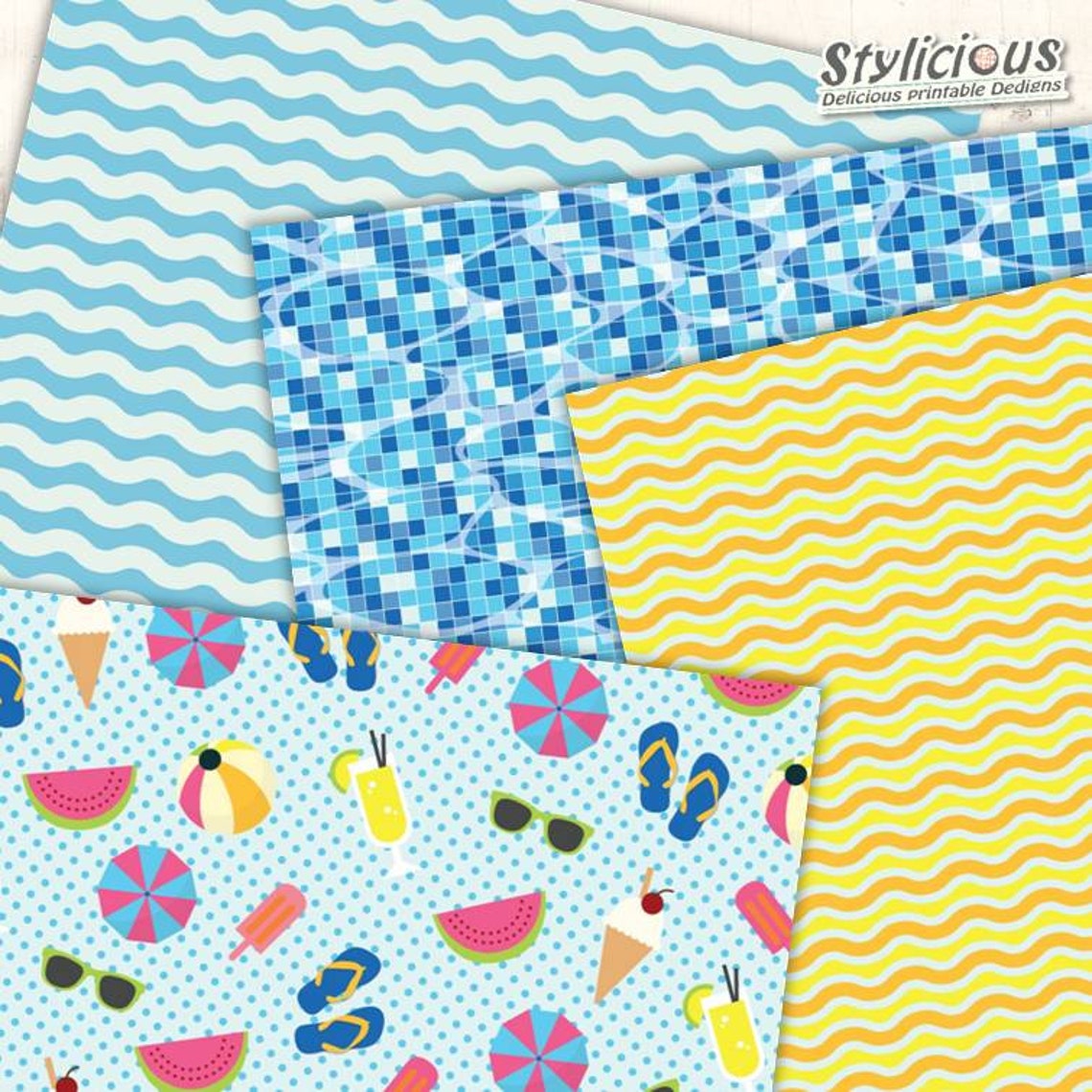 Pool Party Scrapbook Paper Pack - Pool / Beach Digital Scrapbook Paper ...