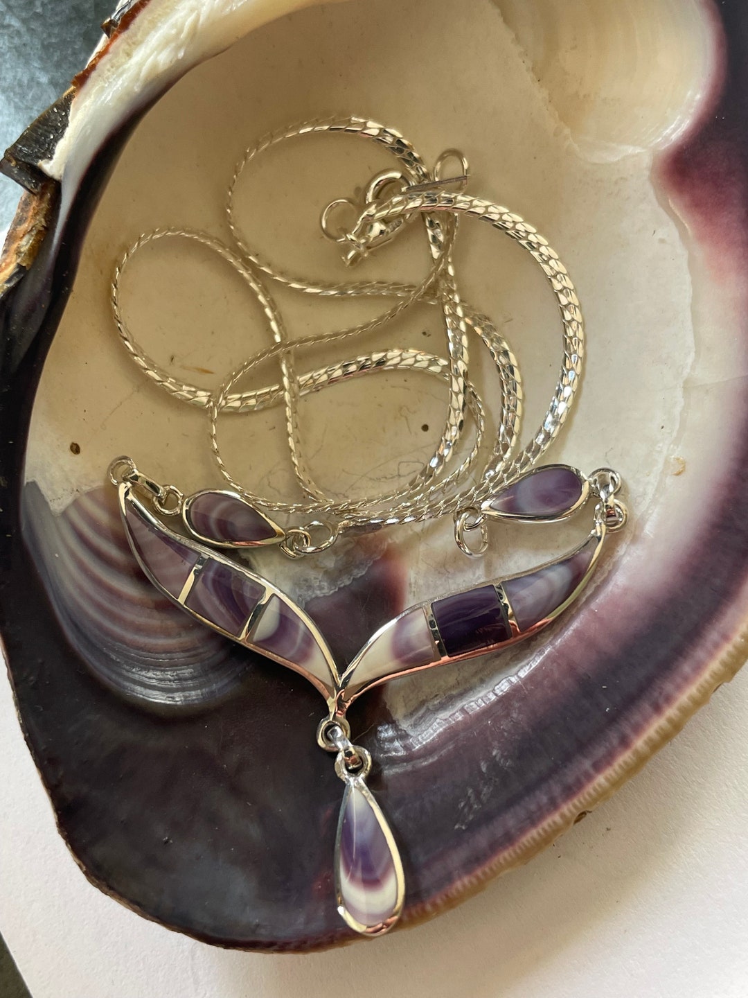 P1008 Teardrops Neck Chain Pendant Wampum Quahog Shell Sterling Silver ...