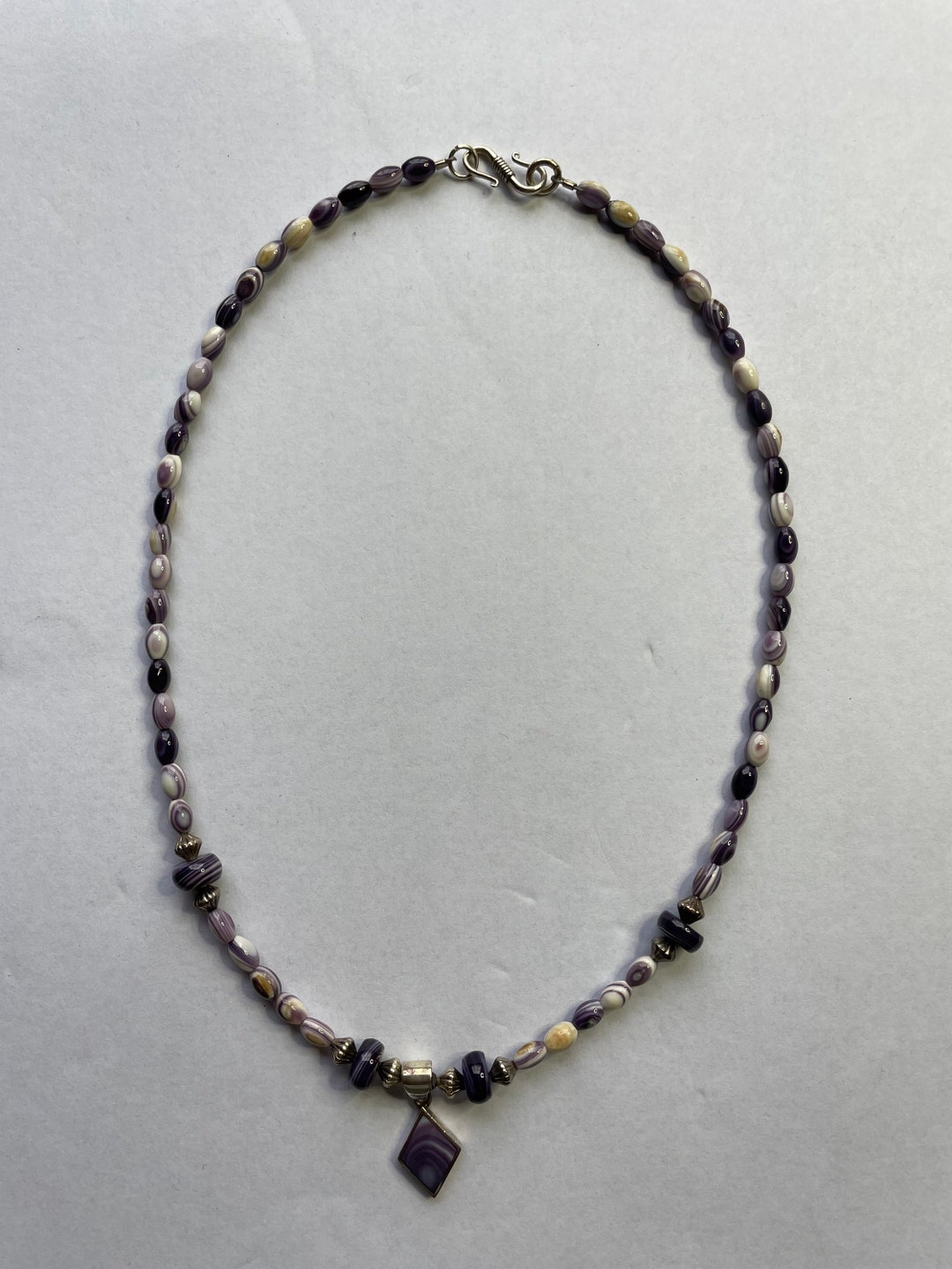 Wampum Quahog Beaded Necklace Sterling Silver With Diamond Shaped ...