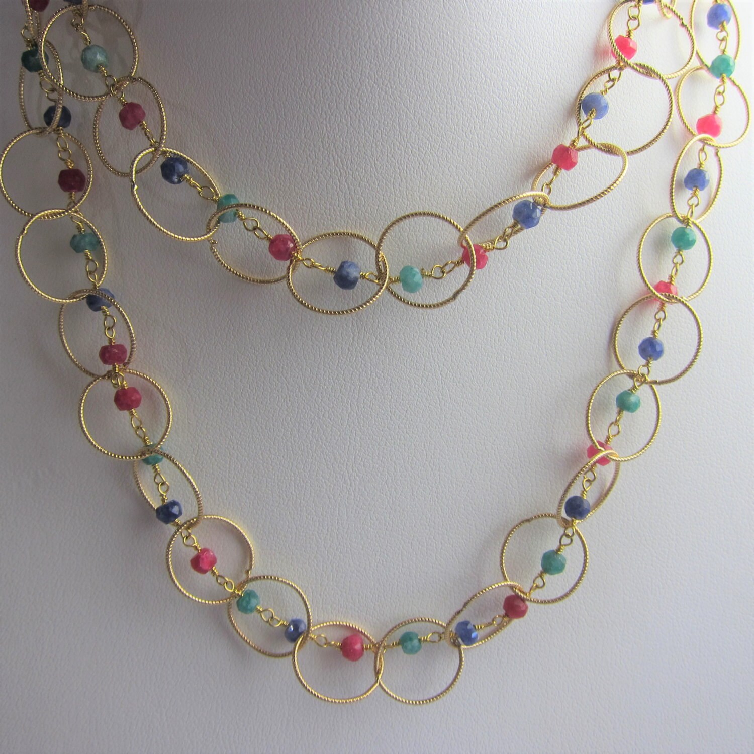 Ruby, Emerald, Sapphire 14K Gold Filled Chain and Wire Wrapped Long ...