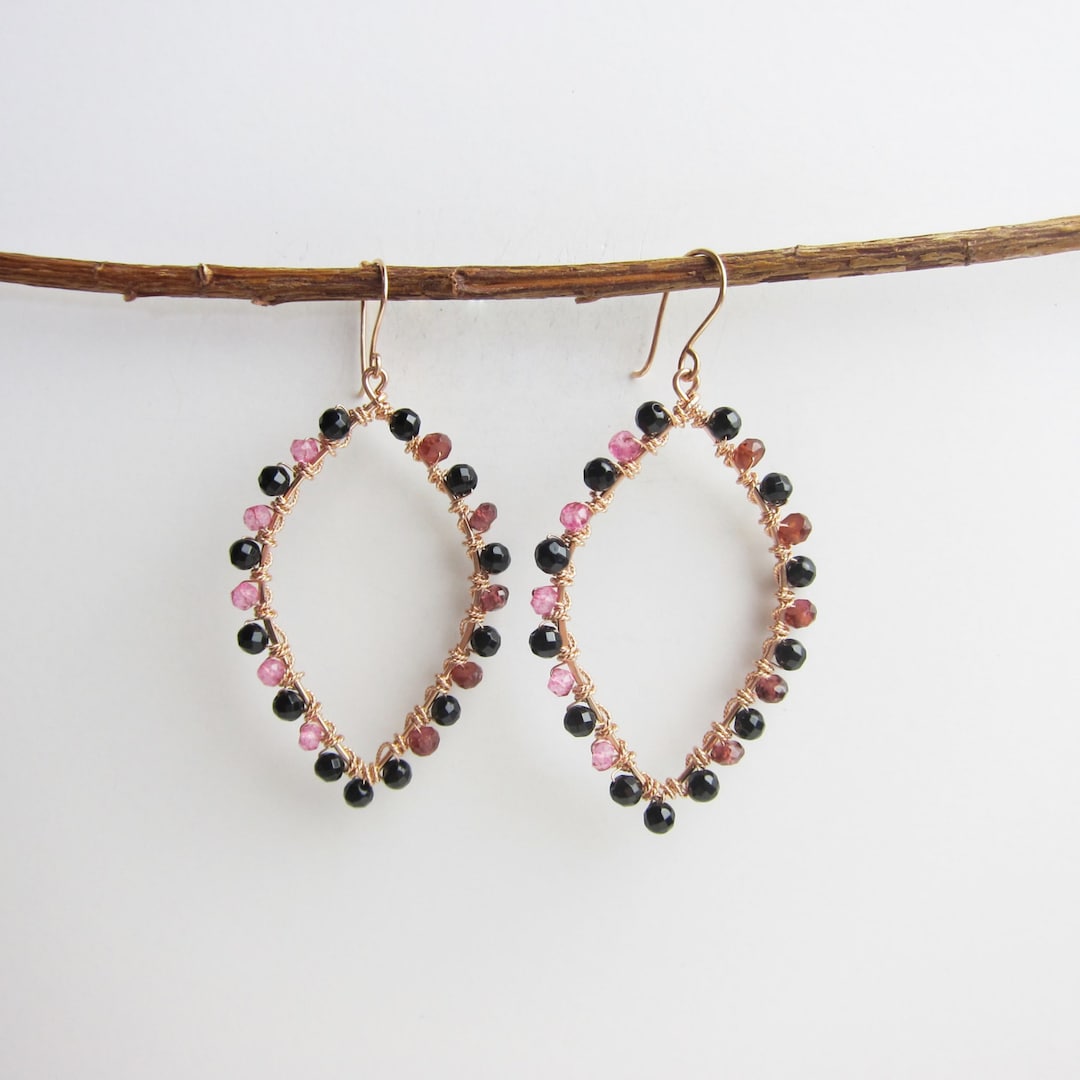 Topacio rosa granate rojo y ónix negro Pendientes hechos a - Etsy España