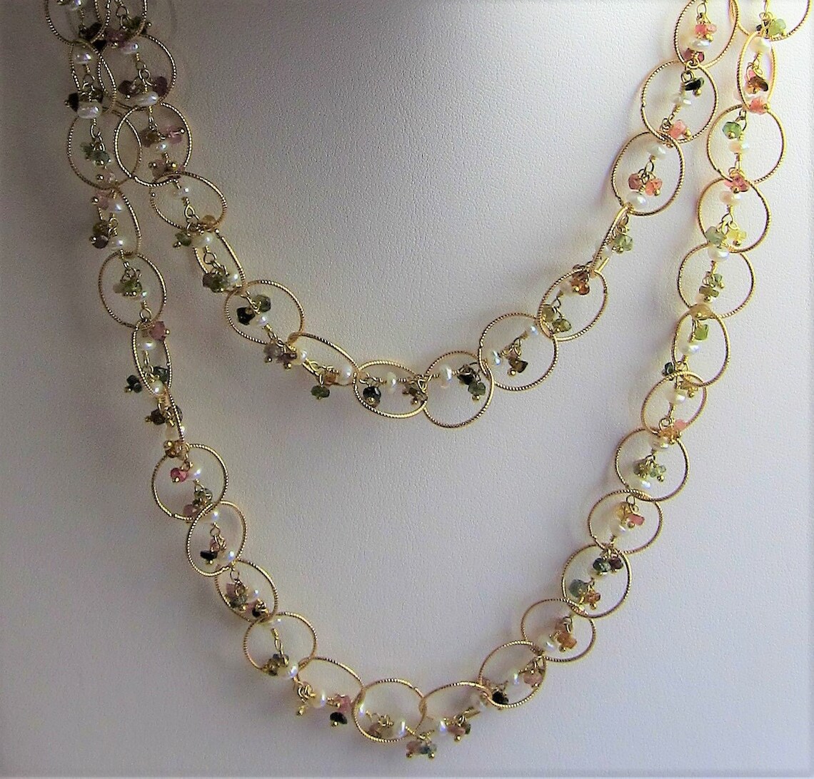 Multi Colored Tourmaline, 14K Gold Filled Chain and Wire Wrapped Long ...