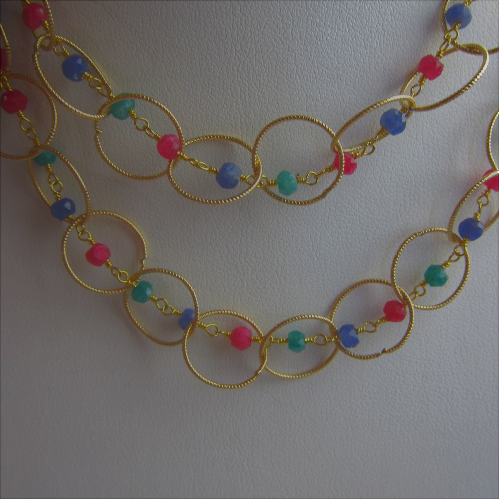 Ruby, Emerald, Sapphire 14K Gold Filled Chain and Wire Wrapped Long ...