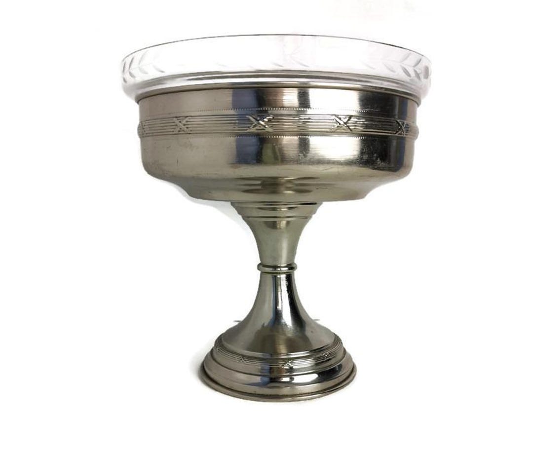 Vintage Etched Glass Aluminium Communion Dish Bowl Centerpiece Ciborium ...