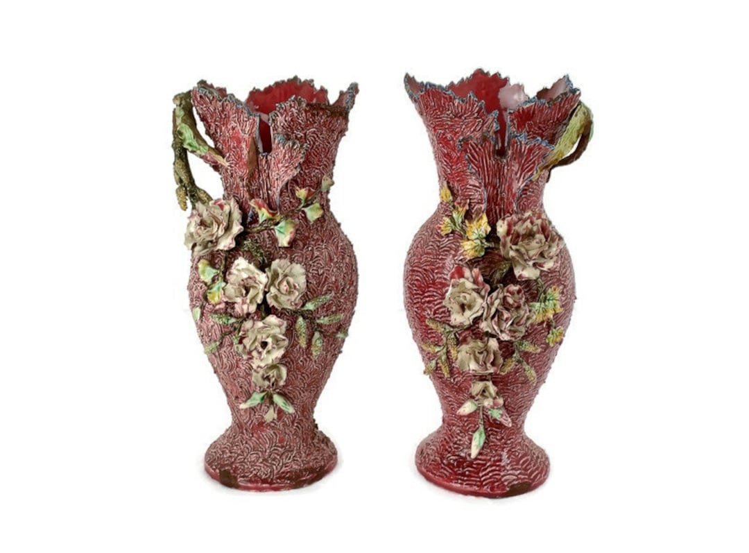 Pair of 19th Century Barbotine Vases France Antique Majolica Adorned ...
